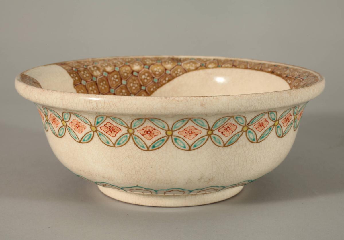 Satsuma Bowl Decorated with Stylized Flowers on Exterior and Arhat on ...