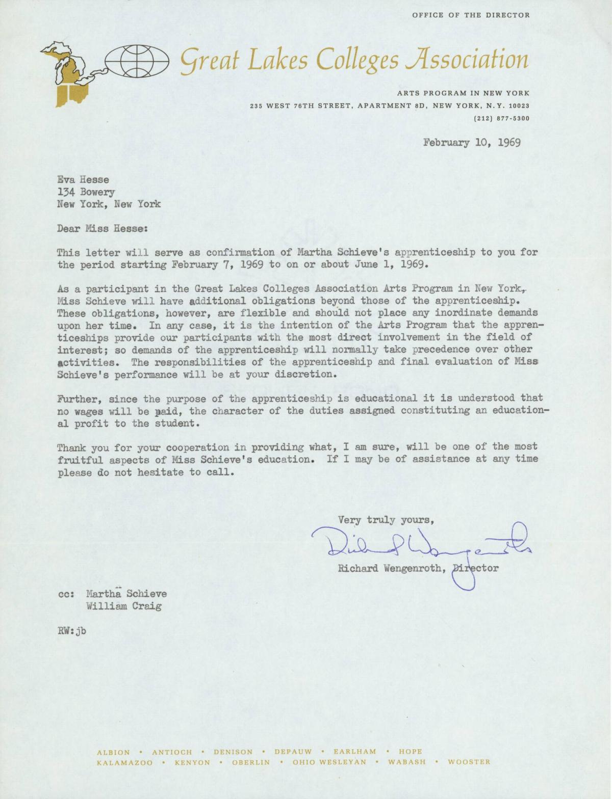 Letter from Richard Wengenroth, Director of the Great Lakes Colleges ...